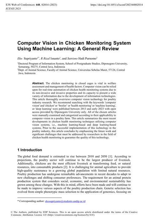 Pdf Computer Vision In Chicken Monitoring System Using Machine Learning A General Review