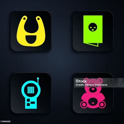 세트 테디 베어 봉제 인형 아기 턱받이 베이비 모니터 워키 토키 와 베이비 샤워 초대 카드 포스터 검은 정사각형 버튼 벡터 귀여운에 대한 스톡 벡터 아트 및 기타 이미지