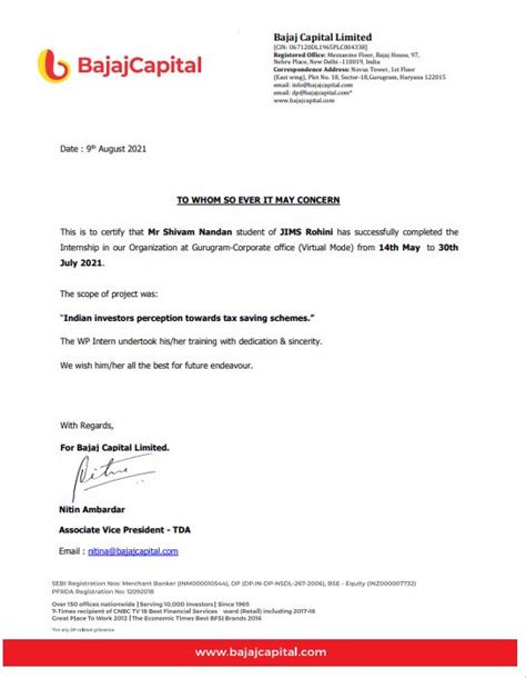Successfully Completed Summer Internship With Bajaj Capital Ltd As A