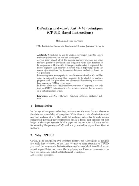 Defeating Malware S Anti Vm Techniques Cpuid Based Instructions Pdf