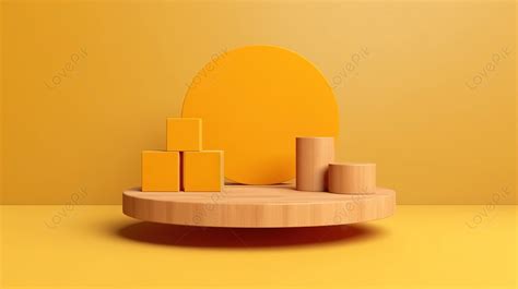 제품 쇼케이스를 위한 생생한 노란색 배경에 추상 기하학적 모양이 있는 나무 연단의 놀라운 3d 렌더링 연단 배경 노란 배경