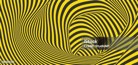 착시 패턴 블랙과 옐로우 디자인 추상 스트라이프 배경입니다 벡터 그림입니다 3차원 형태에 대한 스톡 벡터 아트 및 기타 이미지 3차원 형태 가리기 강렬하고 밝은 색상