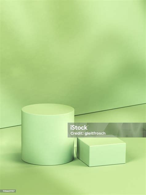 세 개의 다양한 원통형 받침대 녹색 톤 장면의 그룹 당신의 제품을 위한 전시 장소의 3d 컴퓨터 그래픽 템플입니다 0명에 대한 스톡 사진 및 기타 이미지 Istock