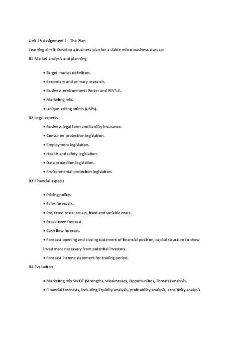 Unit 19 Assignment 2 Checklist Unit 19 Assignment 2 The Plan