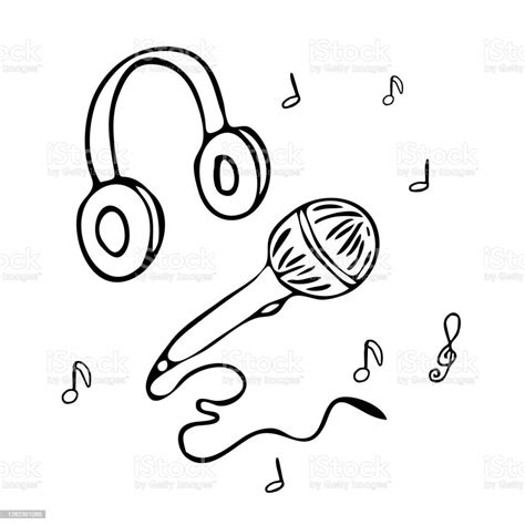 미디어 도구 이어폰 및 마이크 사운드 녹음 장비 방송 시설 핸드리그 벡터 일러스트레이션 팟캐스트 스튜디오 아이템 등고선 그리기