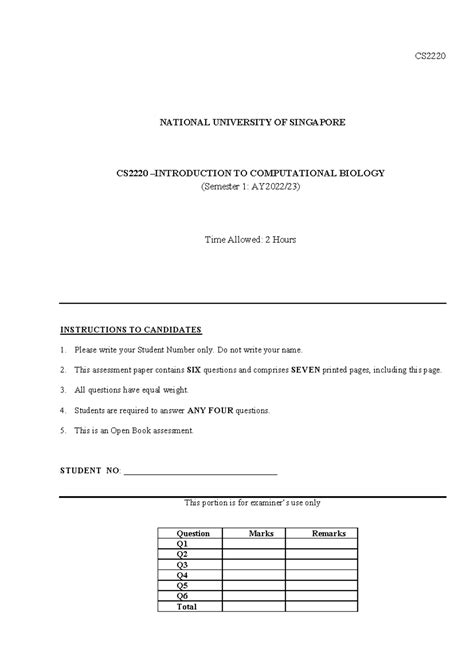 2223sem1 Cs2220 Practice Exam National University Of Singapore Cs 2220 Introduction To