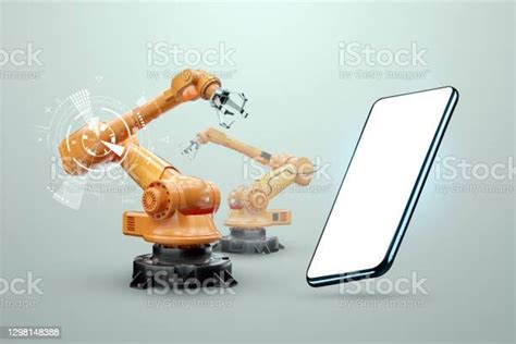 로봇 팔 현대 공장의 배경에 스마트 폰의 이미지 Iot 기술 개념 스마트 팩토리 디지털 제조 운영 산업 40 로봇공학에 대한