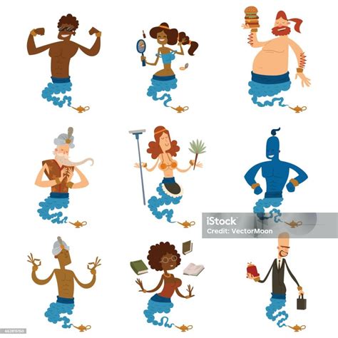 지 니 문자 마법의 램프 벡터 일러스트 레이 션 보물 알라딘 기적 Djinn 고립 된 범례 설정된 소원 마법의 마법사 욕망