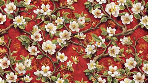 Birds Eye View Red Floral Composition Watercolor White Blossoms Springtime Branches Stock