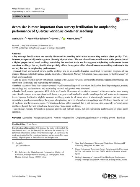 PDF Acorn Size Is More Important Than Nursery Fertilization For Outplanting Performance Of
