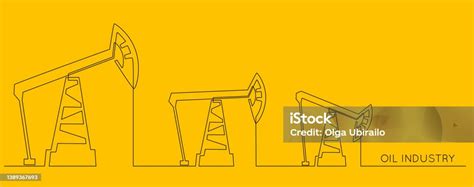 하나의 연속 선 도면의 오일 펌프 잭 펌프 스테이션과 데릭 석유 생산 및 무역 산업은 노란색 배경에 간단한 선형 스타일입니다 편집 가능한 스트로크 벡터 일러스트 레이 션