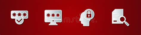 Set Password Protection Monitor With Password Human Head Lock And Document Search Icon Vector