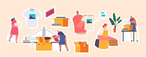 메쉬 스텐실 프레임 스퀴지 기계 프린터와 같은 전문 도구로 스티커 실크 스크린 인쇄 작업자 세트 프리미엄 벡터