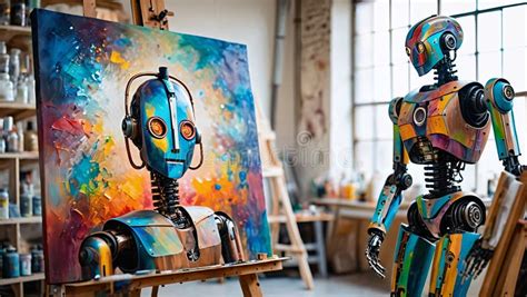 Ai Generated Image Of A Robot Looking At A Self Portrait In An Artistic