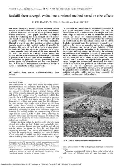 Frossard Et Al 2012 Rockfill Shear Strength Evaluation A Rational Method Based On Size