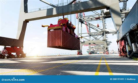 Crane Unloading Container In Port Stock Image Image Of Deck Flatbed