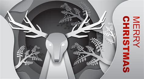 숲에서 순록 우리는 당신에게 메리 크리스마스와 새해 복 많이 받으세요 종이 예술 디자인 종이 컷 스타일 흑백 톤 벡터 일러스트