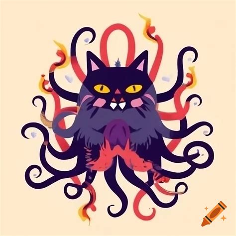 Surreal Cat With Demonic Features And Octopus Tentacles Colorful