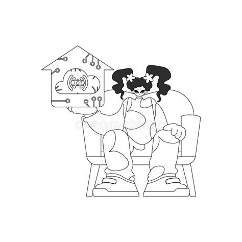 Girl Holds Iot Logo In Linear Vector Format Stock Illustration