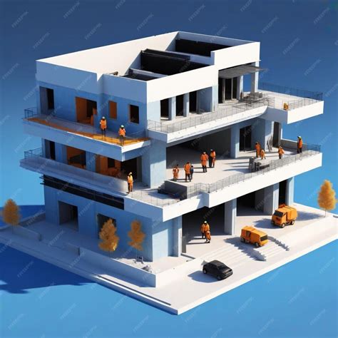 Detailed 3d Model Of A Building With An Accompanying Blueprint