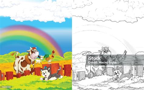 흰색 바탕에 농장에서 즐거운 시간을 보내는 소가 있는 만화 장면 아이들을 위한 그림 가축에 대한 스톡 벡터 아트 및 기타 이미지