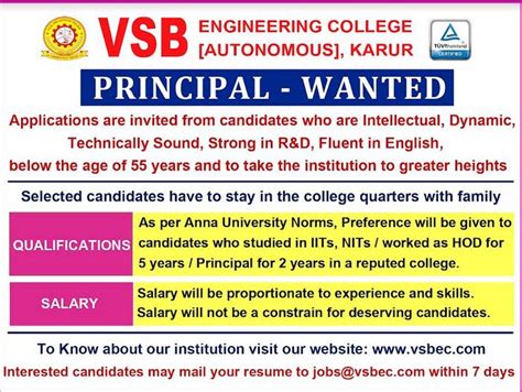 Vsb Engineering College Autonomous Karur Wanted Principal Facultyplus