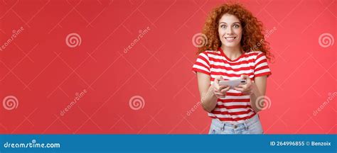 Excited Happy Cute Redhead Curly Haired Girlfriend Eager Start Learn How Play Boyfriend Game