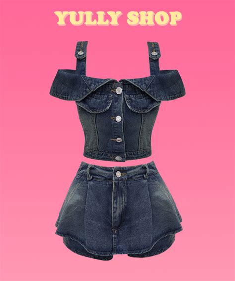 워싱데님코디세트 오프숄더자켓 크롭 플리츠 청치마바지 하이틴룩 아이돌코디 무대의상 에이블리