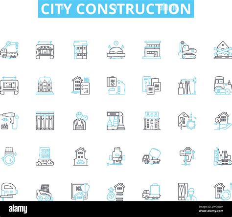 city construction linear icons set structures buildings planning