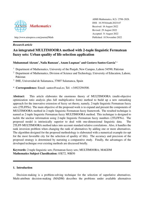 Pdf An Integrated Multimoora Method With 2 Tuple Linguistic Fermatean