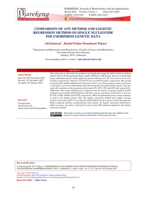 Pdf Comparison Of Ann Method And Logistic Regression Method On Single Nucleotide Polymorphism