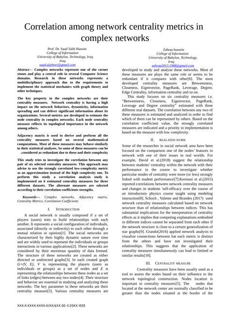 Pdf Correlation Among Network Centrality Metrics In Complex Networks