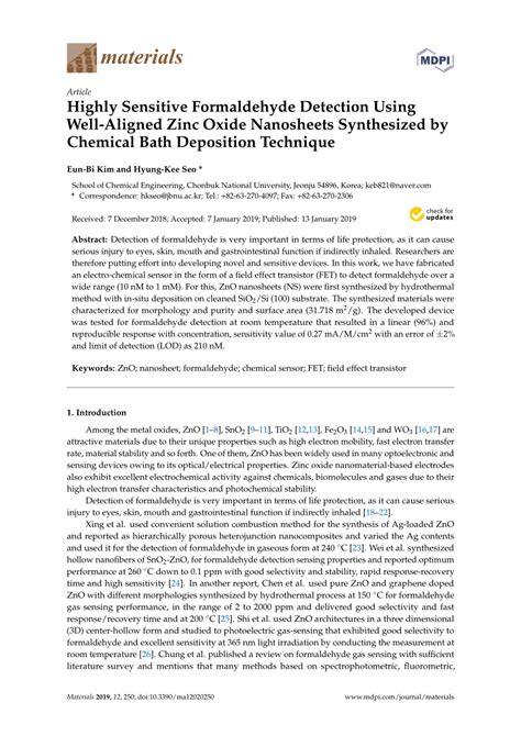 Pdf Highly Sensitive Formaldehyde Detection Using Well Aligned Zinc