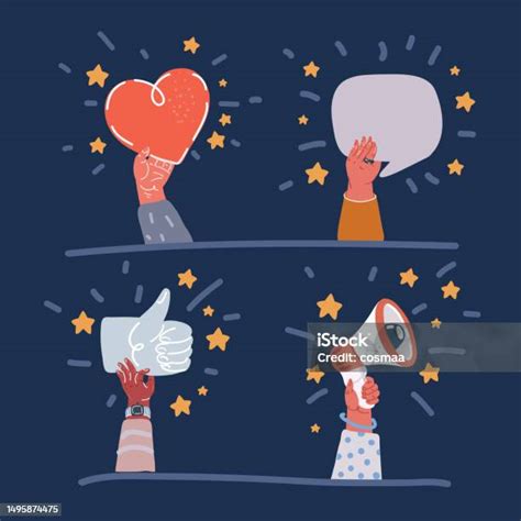 좋아요 버튼 말풍선 확성기 엄지손가락을 손으로 들고 있는 만화 벡터 그림 3차원 형태에 대한 스톡 벡터 아트 및 기타 이미지