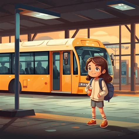 Premium Photo Cartoon Illustration Of A Girl Waiting For A Bus At A