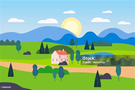 여름 시골 농장 풍경 녹색 언덕입니다 별장 자연 필드 산 푸른 하늘 구름 태양 시골 녹색 나무와 잔디 시골 땅입니다 플랫 만화 트렌디 한 스타일 벡터 일러스트 0명에 대한