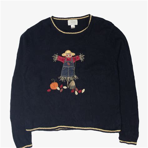 Vintage Scarecrow Frontback Hand Embroidered Harvest Sweater 1990s