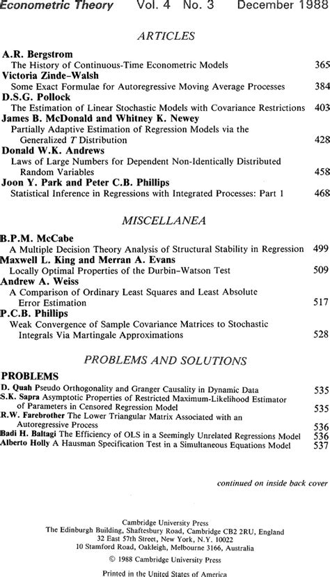 Ect Volume 4 Issue 3 Front Matter Econometric Theory Cambridge Core