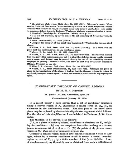 Newman M H Combinatory Topology Of Convex Regions 1930 Pdf