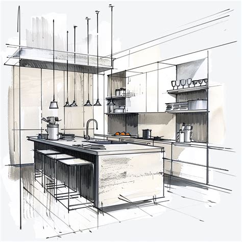 Interior Design Sketch Of A Kitchen With Island Table