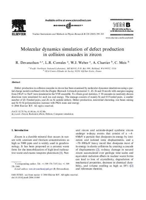Pdf Molecular Dynamics Simulation Of Defect Production In Collision Cascades In Zircon
