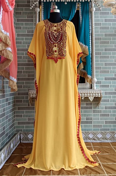 Yellow Color Arabic Designer Embroidery Long Kaftan Designer Islamic