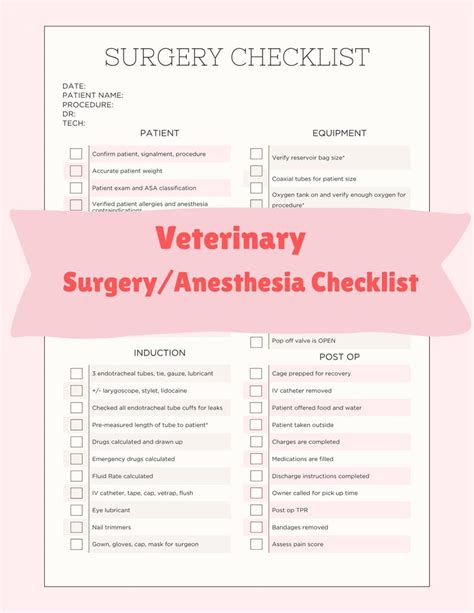 Veterinary Surgery And Anesthesia Checklist Vet Tech Printable Surgery Prep Form