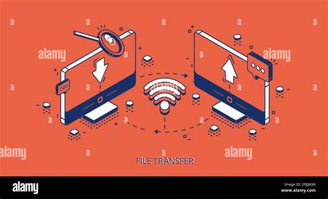 File Transfer Isometric Banner Two Computers Connected Via Wifi Share Documents Remote