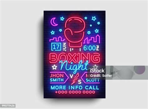 권투 포스터 네온 벡터입니다 권투 밤 디자인 서식 파일 밝은 네온 브로셔 현대 동향 디자인 라이트 배너 광고 엽서 권투 경기를 타이 포 그래피 초대 벡터 일러스트 레이 션