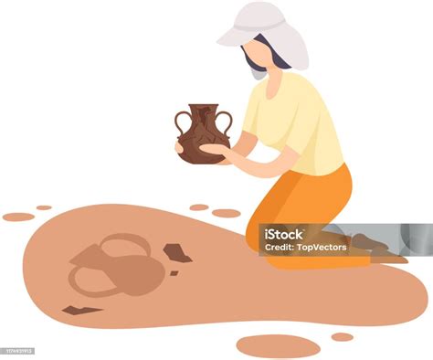 여성 고고학자 무릎을 꿇고 고대 암포라를 들고 역사적 유물 플랫 벡터 일러스트와 발굴에 종사하는 과학자 캐릭터 검색에 대한 스톡 벡터 아트 및 기타 이미지 Istock