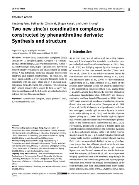 Pdf Two New Zincii Coordination Complexes Constructed By