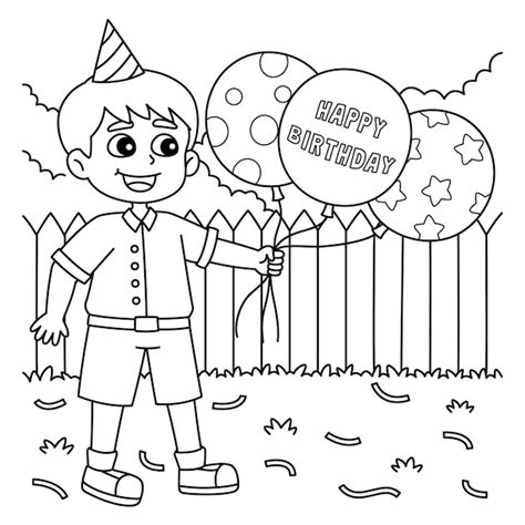 생일 축하 풍선을 들고 있는 소년의 귀엽고 재미있는 색칠 공부 페이지입니다 아이들에게 몇 시간 동안 색칠하는 즐거움을