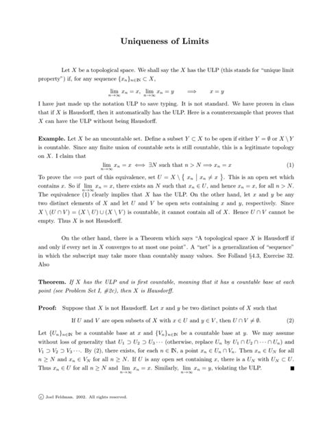 Uniqueness Of Limits