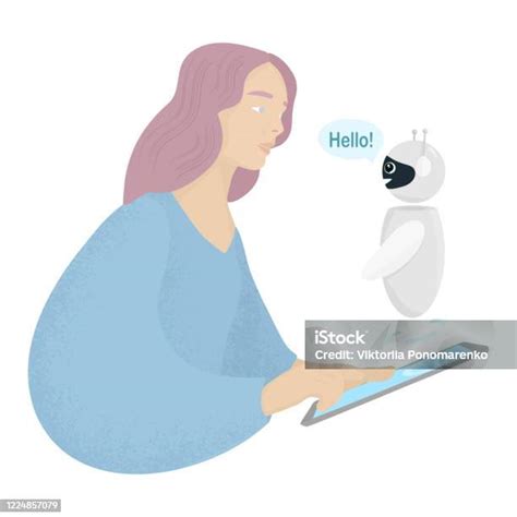 소녀는 채팅 봇과 통신합니다 인공 지능과 상호 작용 사람들의 개념 로봇 도우미와 채팅 미래 마케팅 벡터 절연 그림입니다